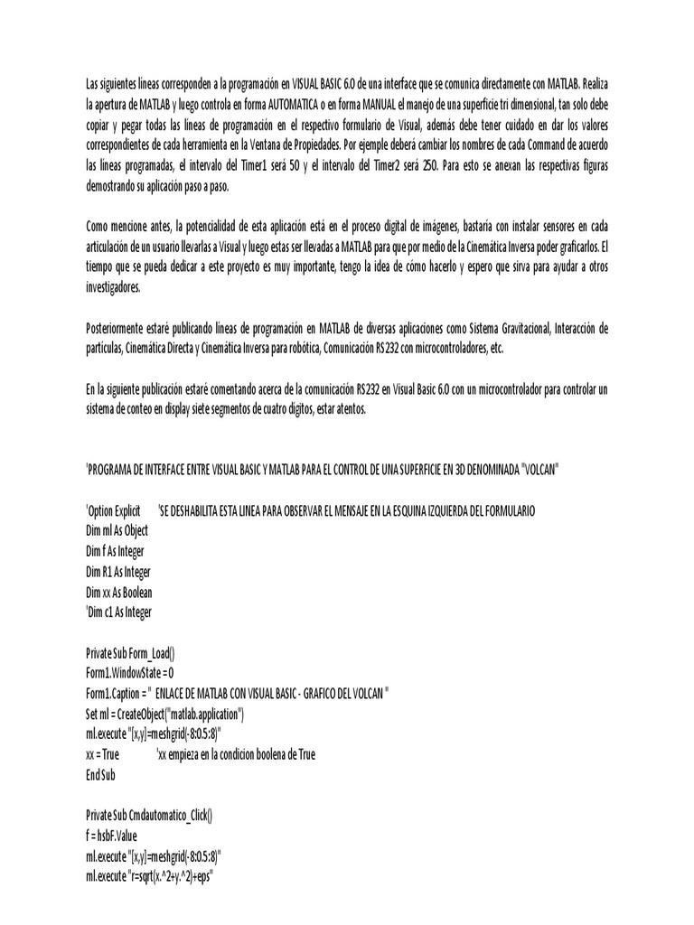 Algoritmo Enlace Visual Basic 6.0 Con Matlab | PDF | Informática teórica | Básico