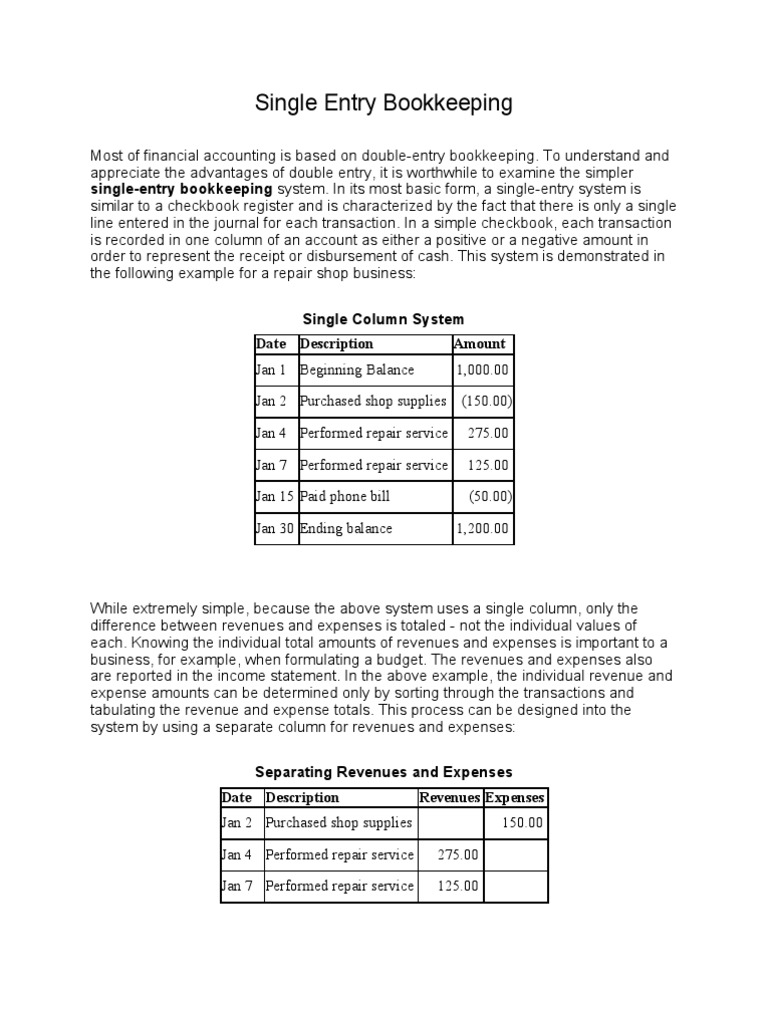 Understanding Single Entry Bookkeeping Pdf Bookkeeping Revenue