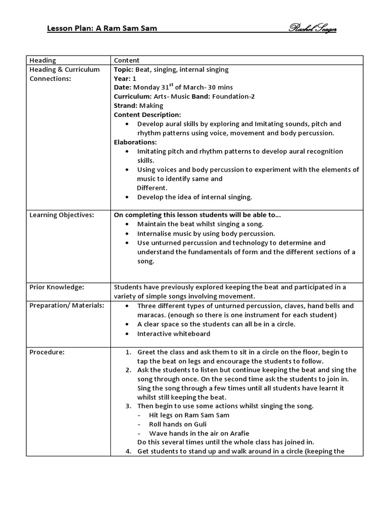 Rachel Seager: Lesson Plan: A Ram Sam Sam | PDF | Singing | Communication