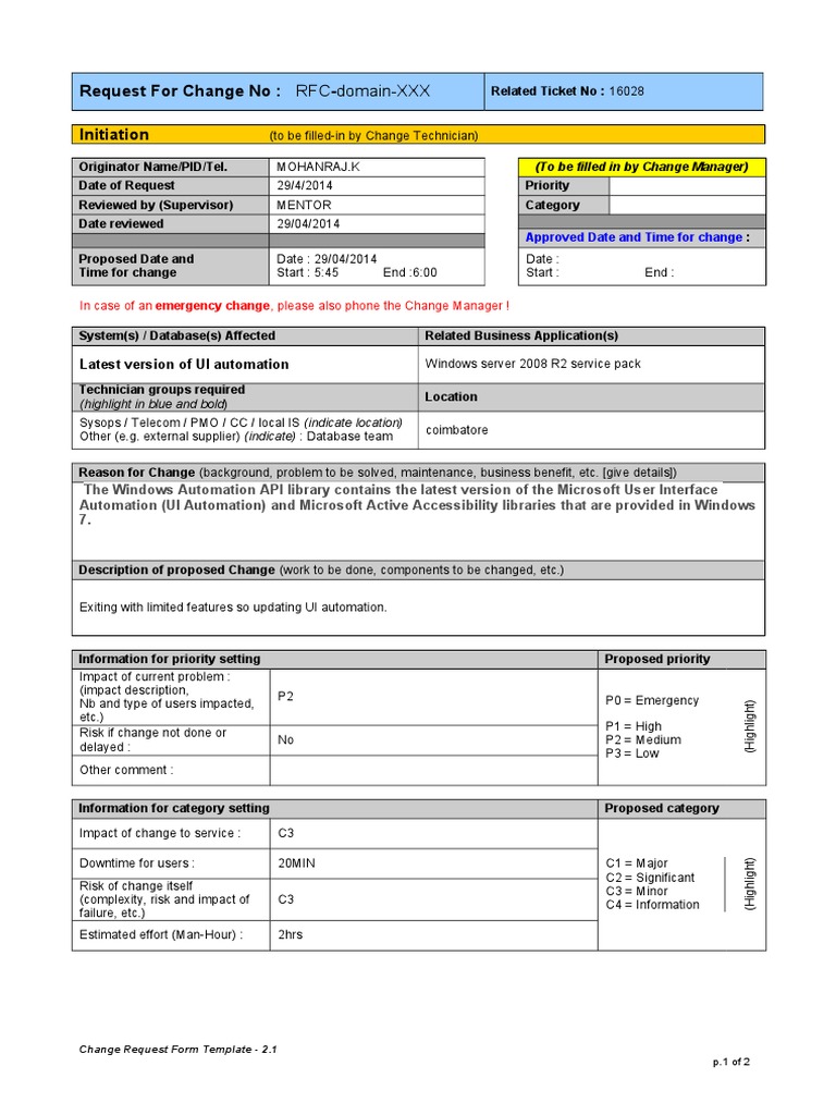 Request For Change No: RFC-domain-XXX Initiation: Latest Version of UI ...