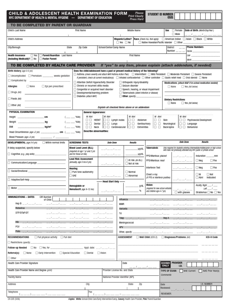 NYC Child Health Examination Form CH-205 | PDF | Race And Ethnicity In ...
