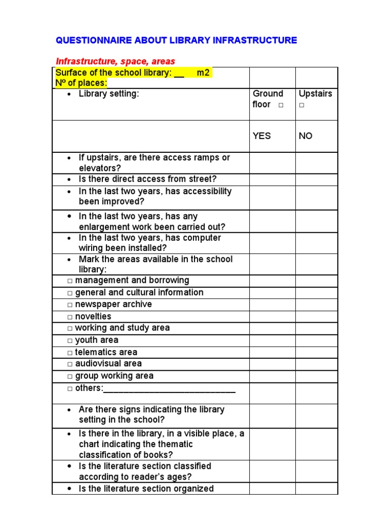Questionnaire Library Infrastructure | School Library | Libraries