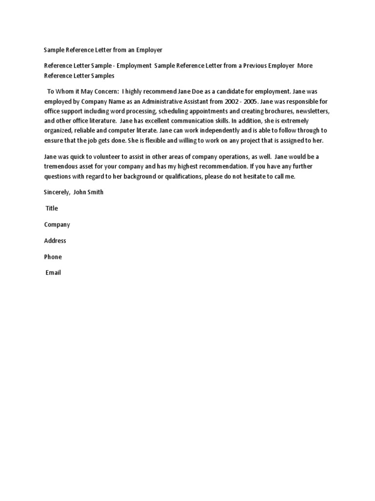 Letter Of Recommendation From Employer