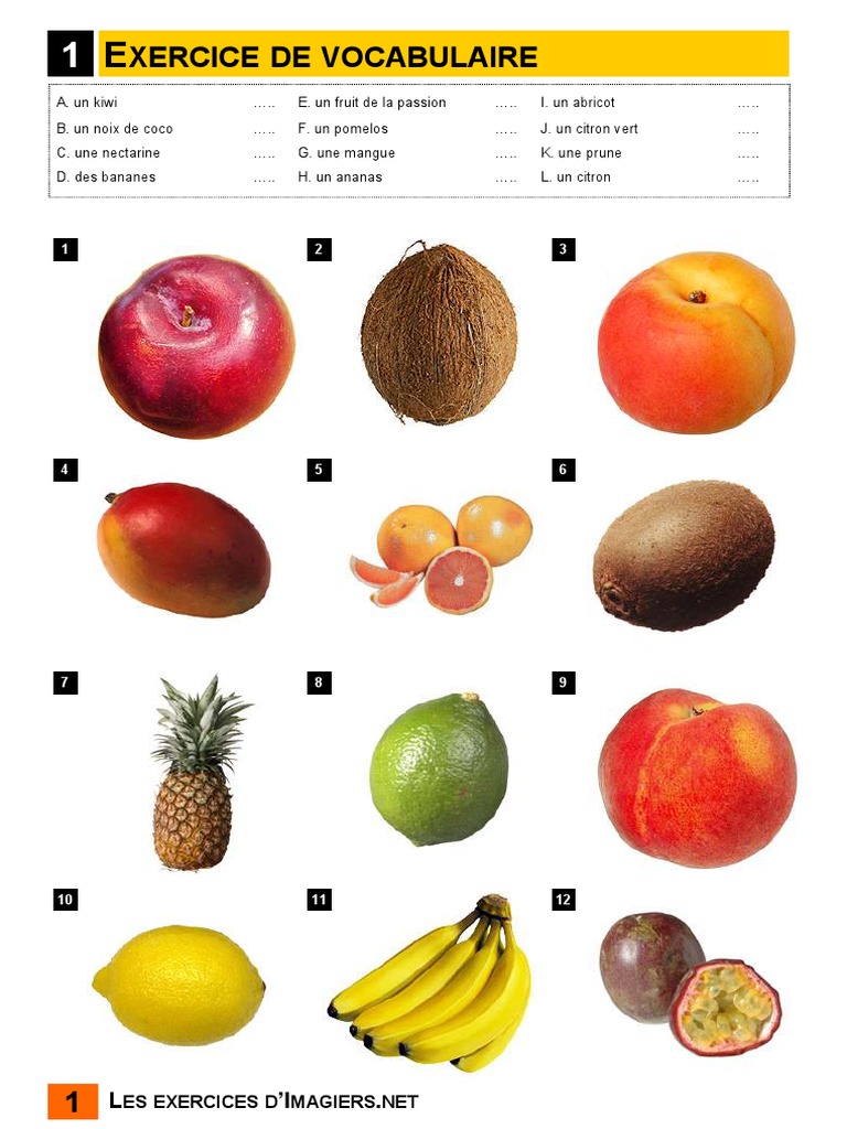 Exercices de vocabulaire sur les fruits | PDF | Plantes comestibles | Fruit