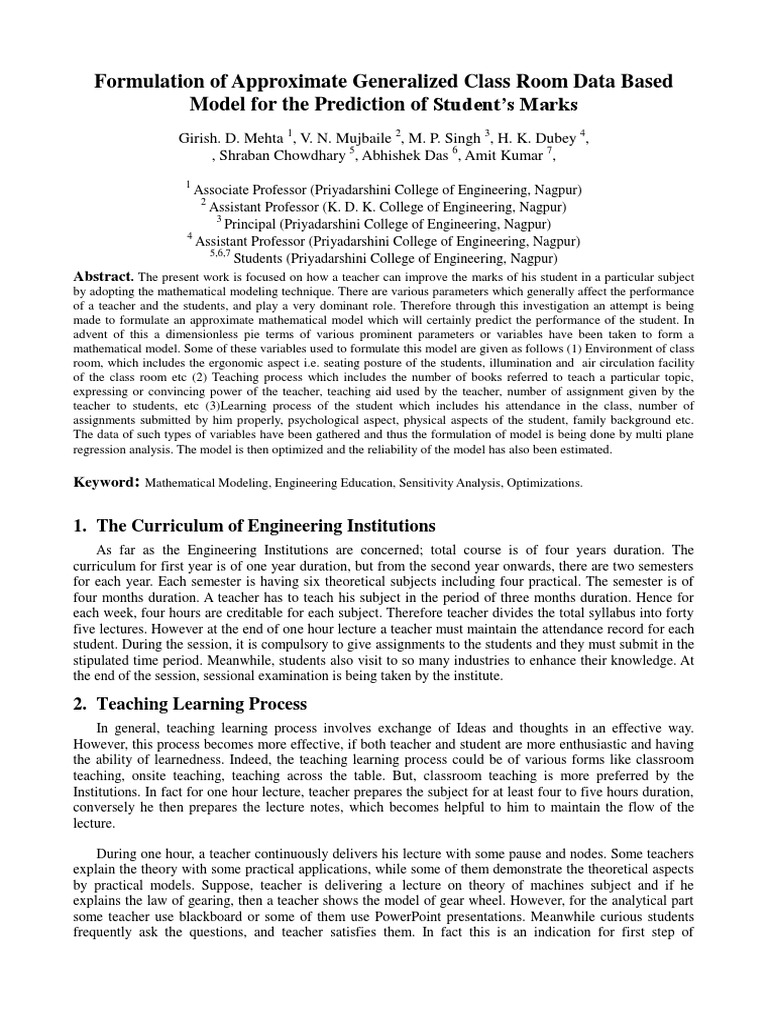 Final PaperFormulation of Approximate Generalized Class Room Data Based Model For The Prediction ...