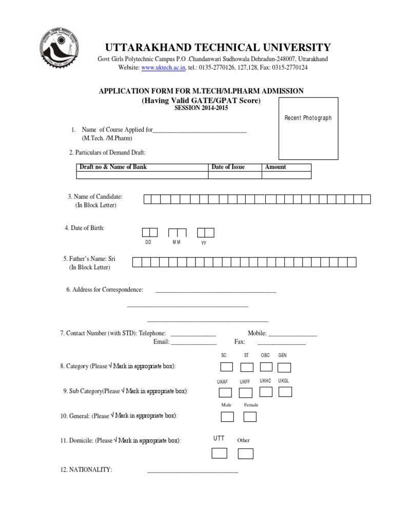 M.Tech/M.Pharm Admission Application Form | PDF | Institute Of ...