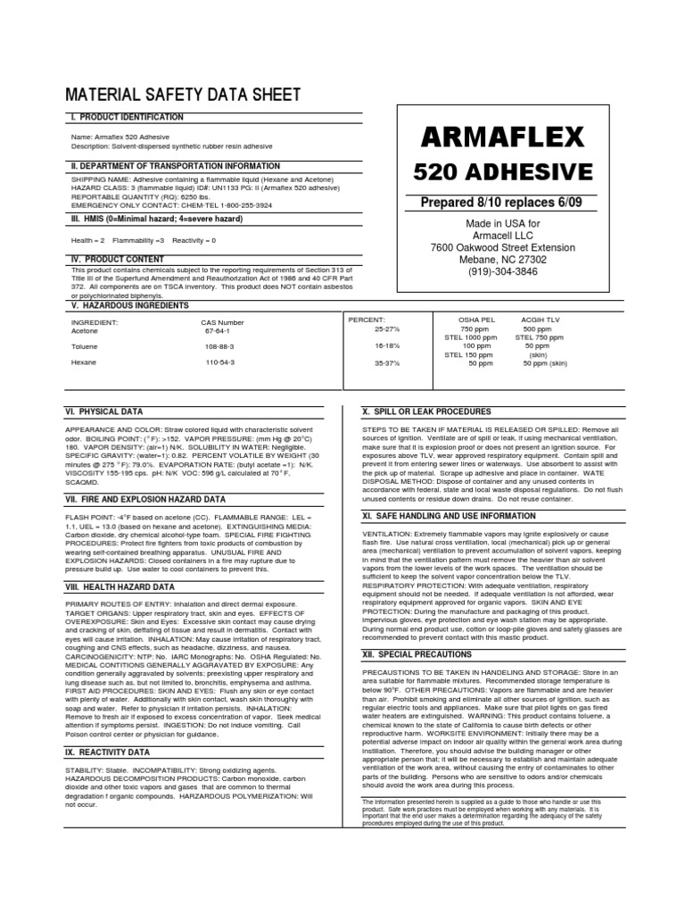 Armaflex_520_MSDS | Ventilation (Architecture) | Respiratory Tract