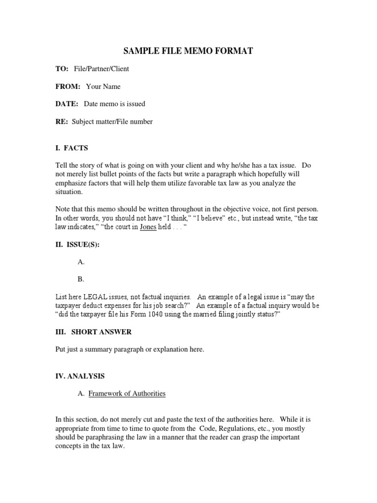 Sample File Memo Format | Internal Revenue Service | United States ...