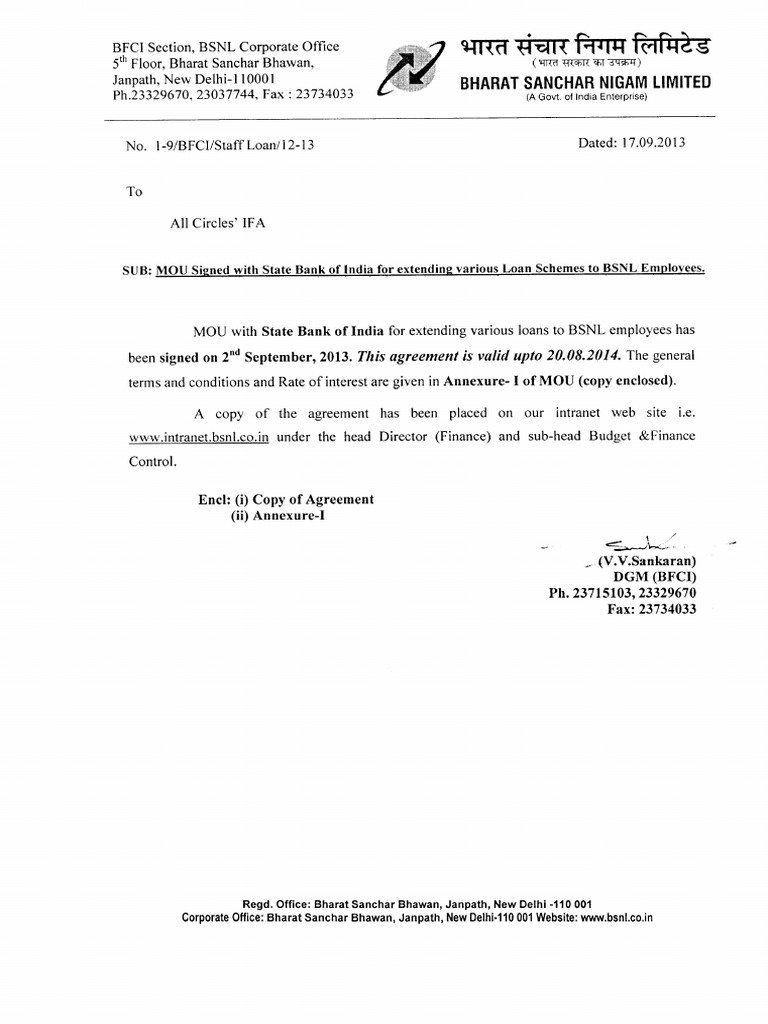 MOU Signed With SBI For Extending Various Loan Schemes To BSNL ...