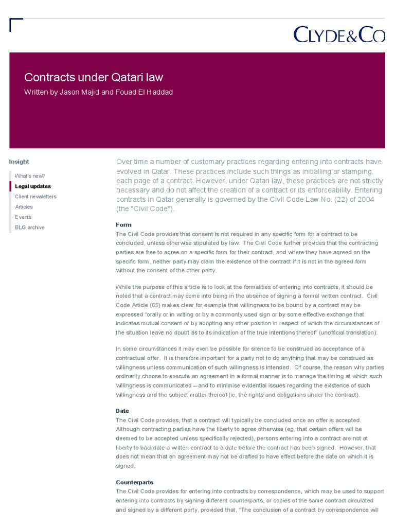Qatari Contract Law Essentials | PDF | Mortgage Law | Offer And Acceptance