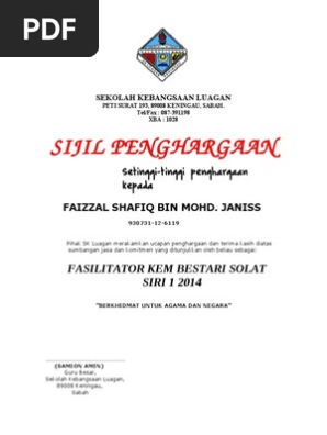 Contoh Sijil Penghargaan Untuk Fasilitator Kem Bestari Solat - JaidynatMahoney