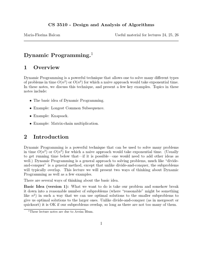 Dynamic Programming Lecture Notes | PDF | Dynamic Programming ...