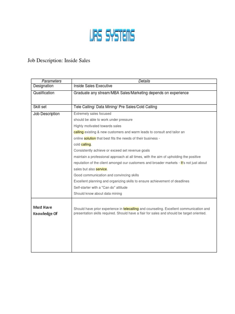Inside Sales Executive Job Description | PDF