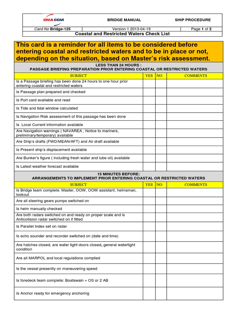 Bridge-125 Coastal and Restricted Waters Checklist | Navigation | Ships