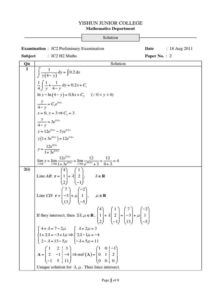 Yjc h2 Math p2 Solutions | PDF