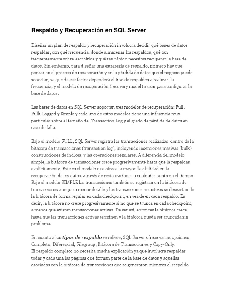 Respaldo y Recuperación en SQL Server | PDF | Servidor SQL de Microsoft | Apoyo