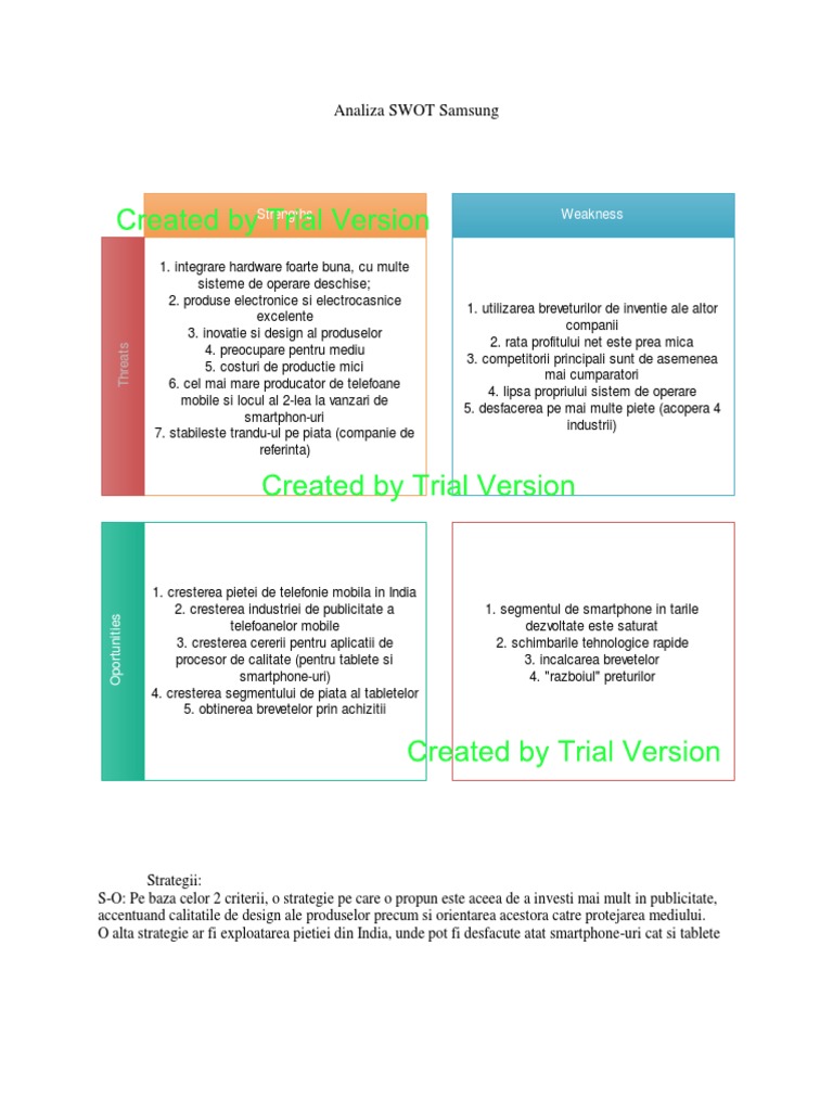 Analiza SWOT Samsung: Strengths Weakness