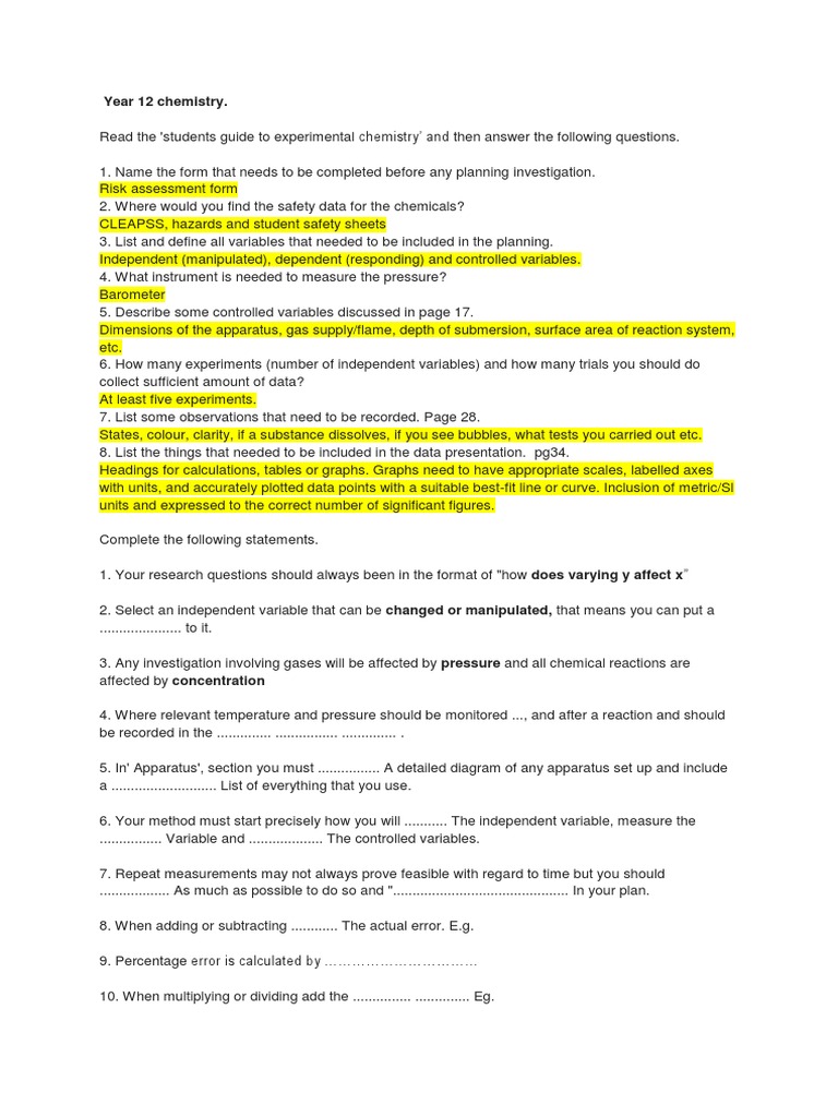 Year 12 Chem-Worksheet - Experimental Chemistry Guide | PDF ...