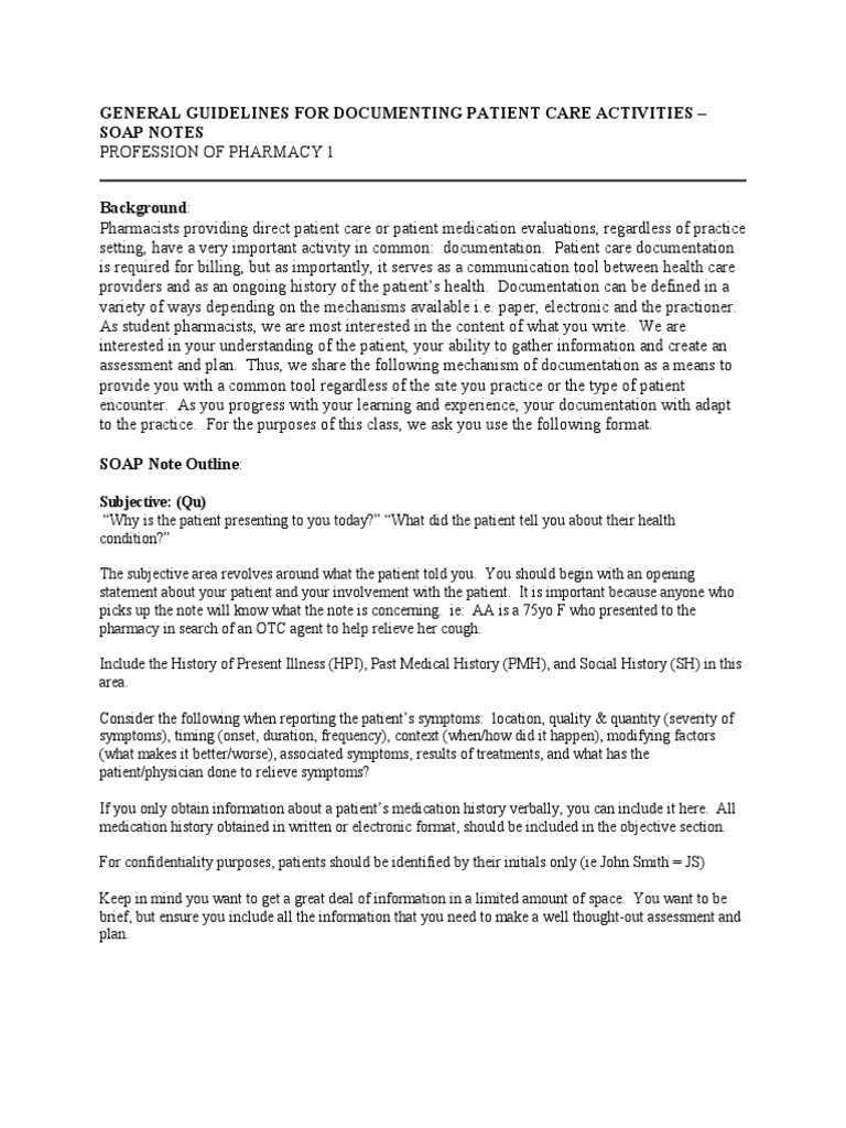 Guidelines for Documenting Patient Care Activities Using the SOAP Note ...
