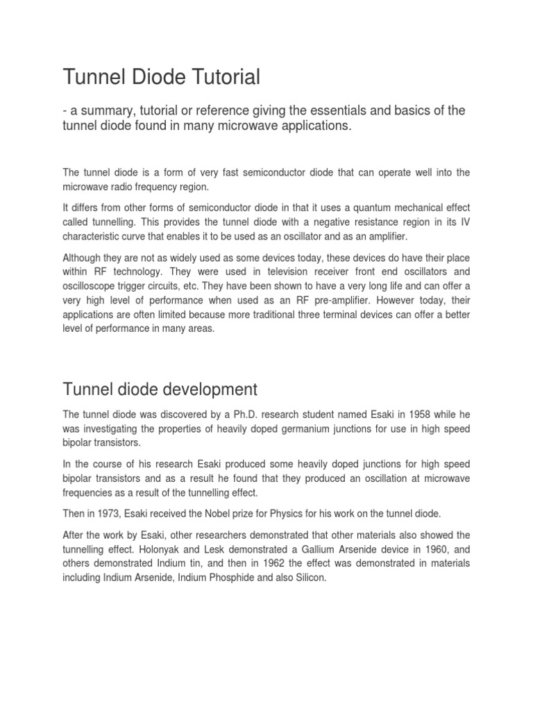 Tunnel Diode Tutorial | PDF | Diode | Quantum Tunnelling