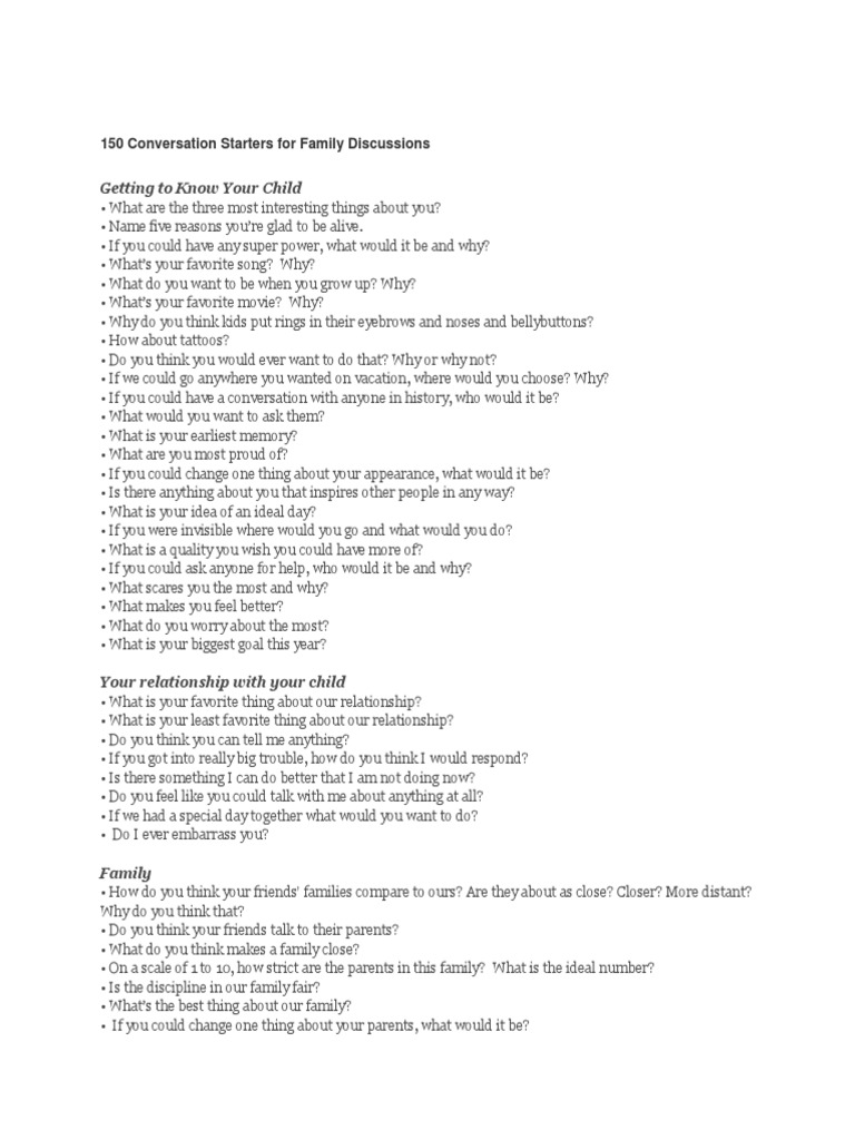 150 Conversation Starters For Family Discussions | PDF | Friendship ...