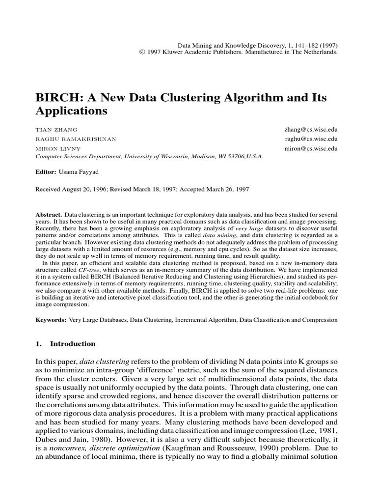 BIRCH: A New Data Clustering Algorithm and Its Applications | PDF | Cluster Analysis | Computer ...
