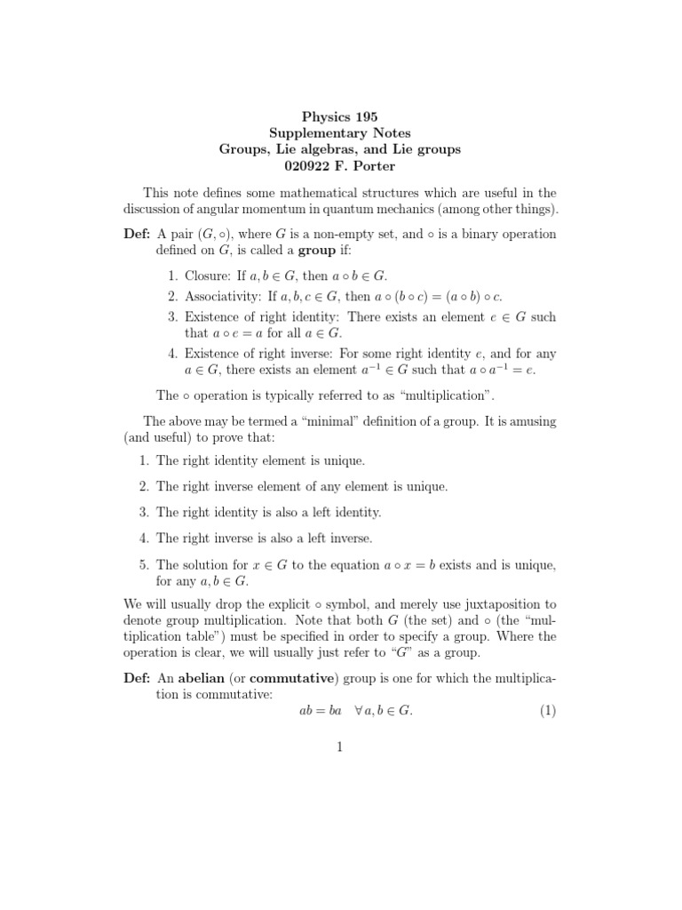 Physics 195 Supplementary Notes Groups, Lie Algebras, and Lie Groups ...