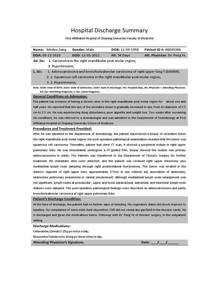 Hospital Discharge Summary | Medical Specialties | Medicine
