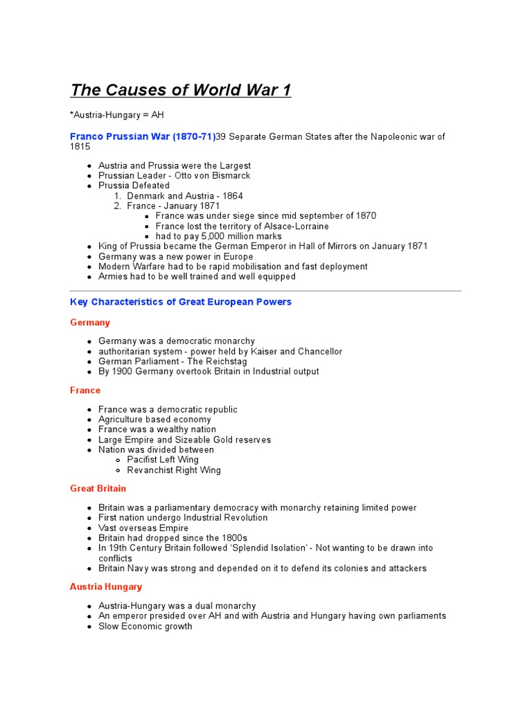 The Causes of WW1 - IB History HL Notes | PDF | Allies Of World War I ...