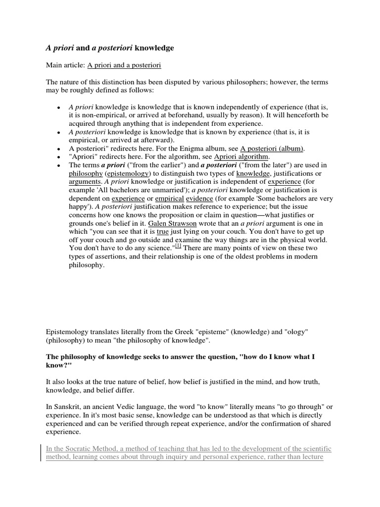 A Priori and A Posteriori Knowledge: A Priori Knowledge Is Knowledge ...