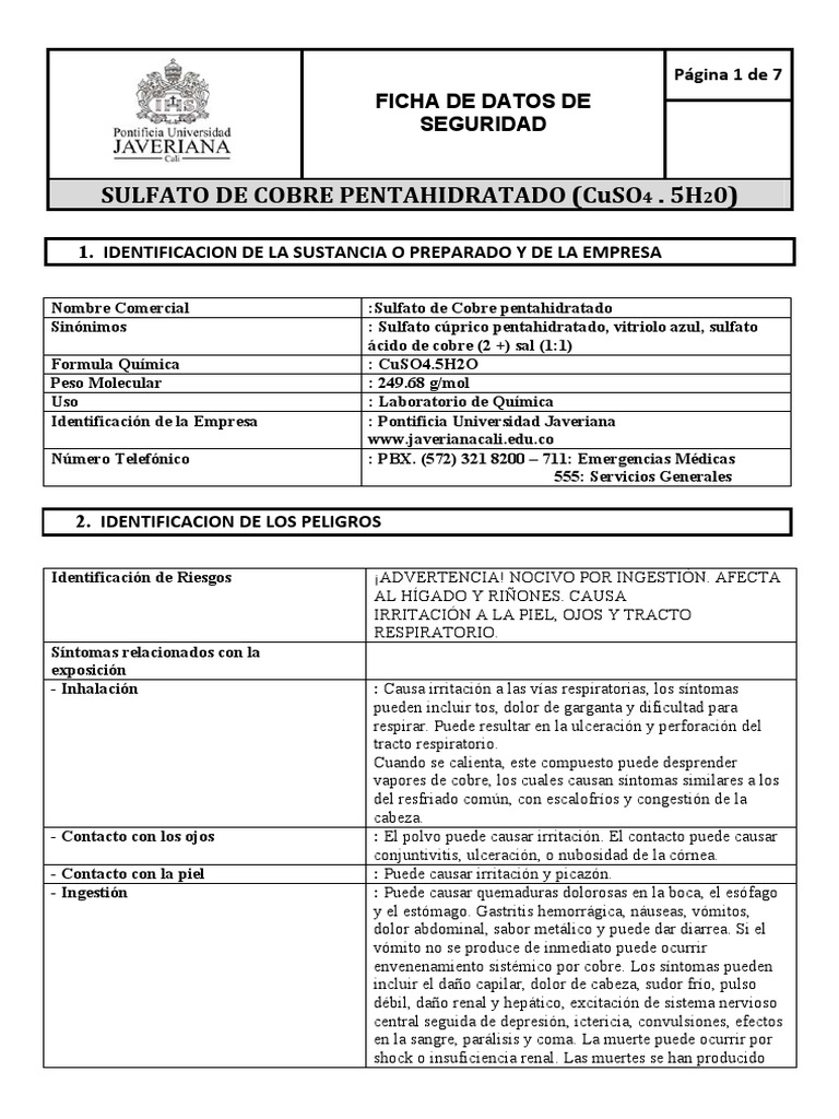 Cuso4 (5h2o) Ficha de Seguridad | Descargar gratis PDF | Cobre | Magnesio