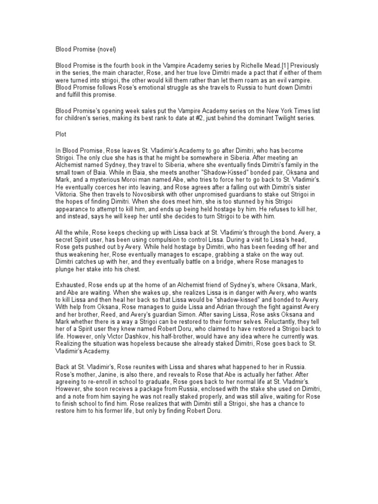 Blood Promise Plot, Summary and Review | PDF | Series Of Books ...