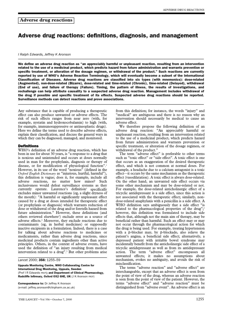 Adverse Drug Reactions Definitions, Diagnosis, and Management | PDF ...