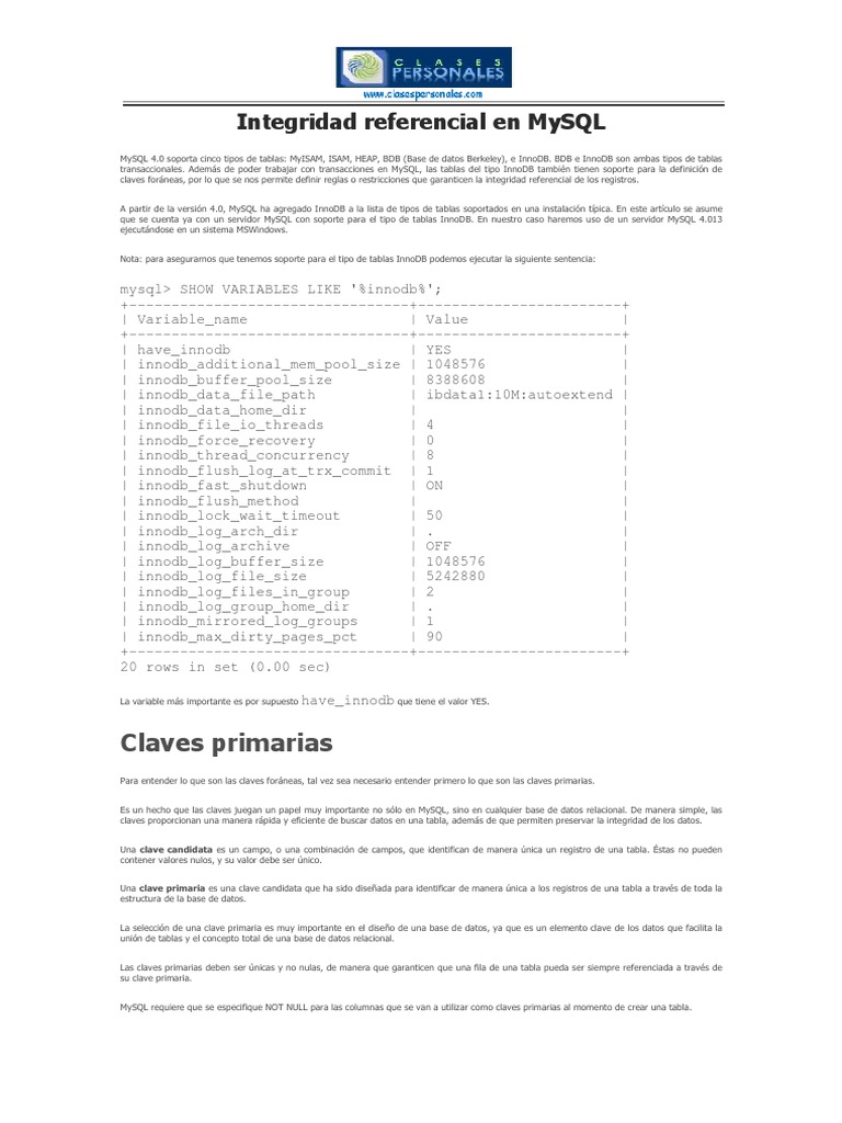 Manual Integridad Referencial en Mysql | PDF | Modelo de datos ...