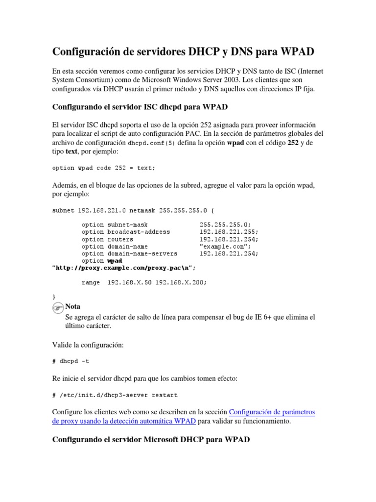 Configuración de Servidores DHCP y DNS para WPAD PDF | PDF | Servidor ...