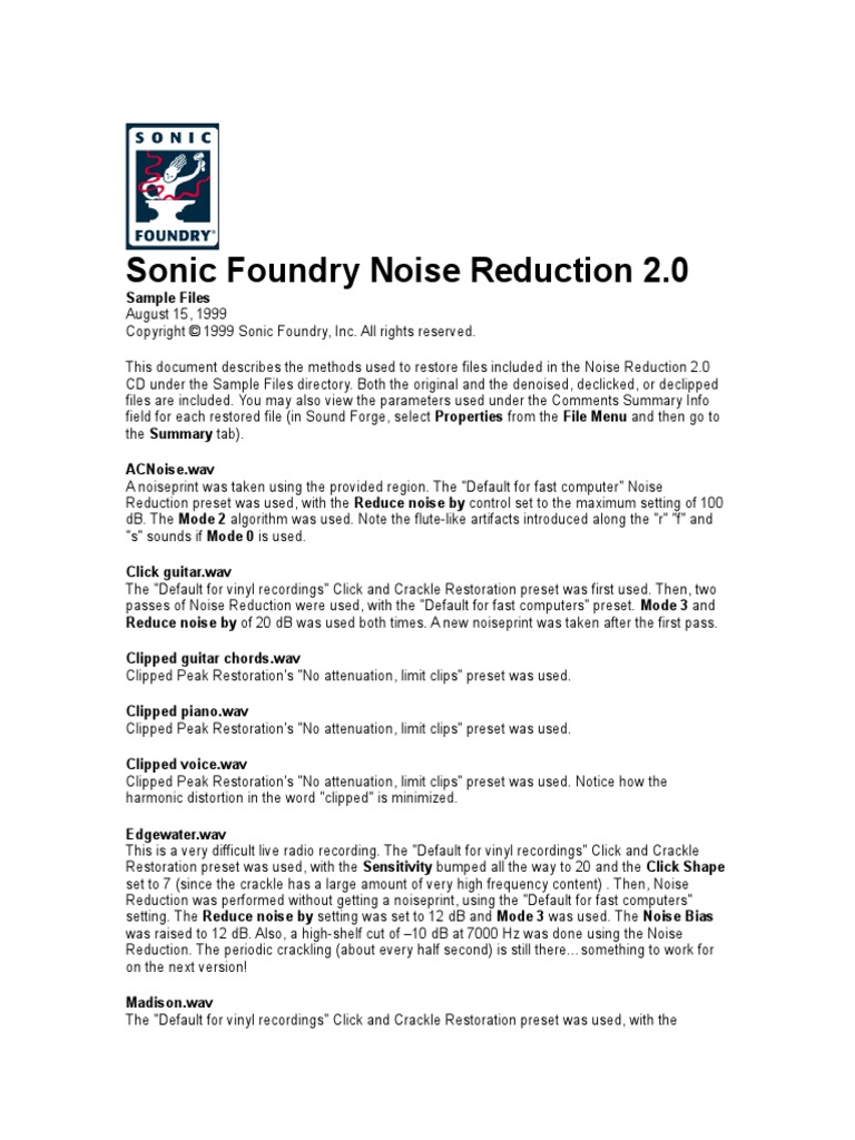 Sonic Foundry Noise Reduction 2.0: Sample Files | Download Free PDF ...