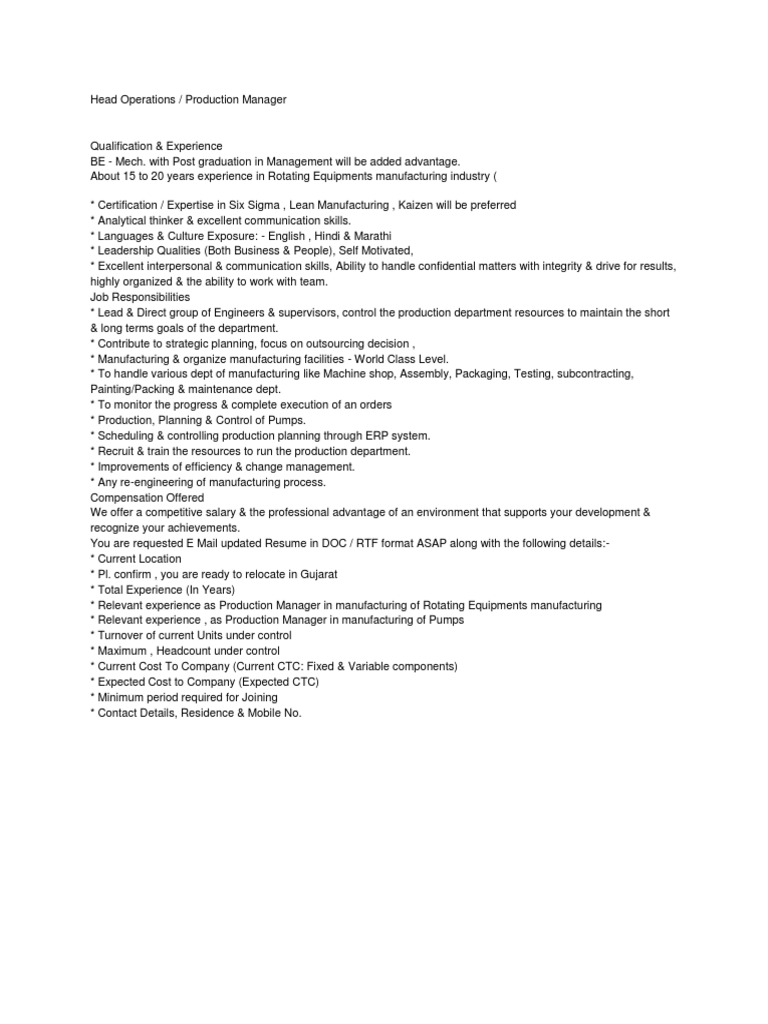 Head Operations Job Description | PDF