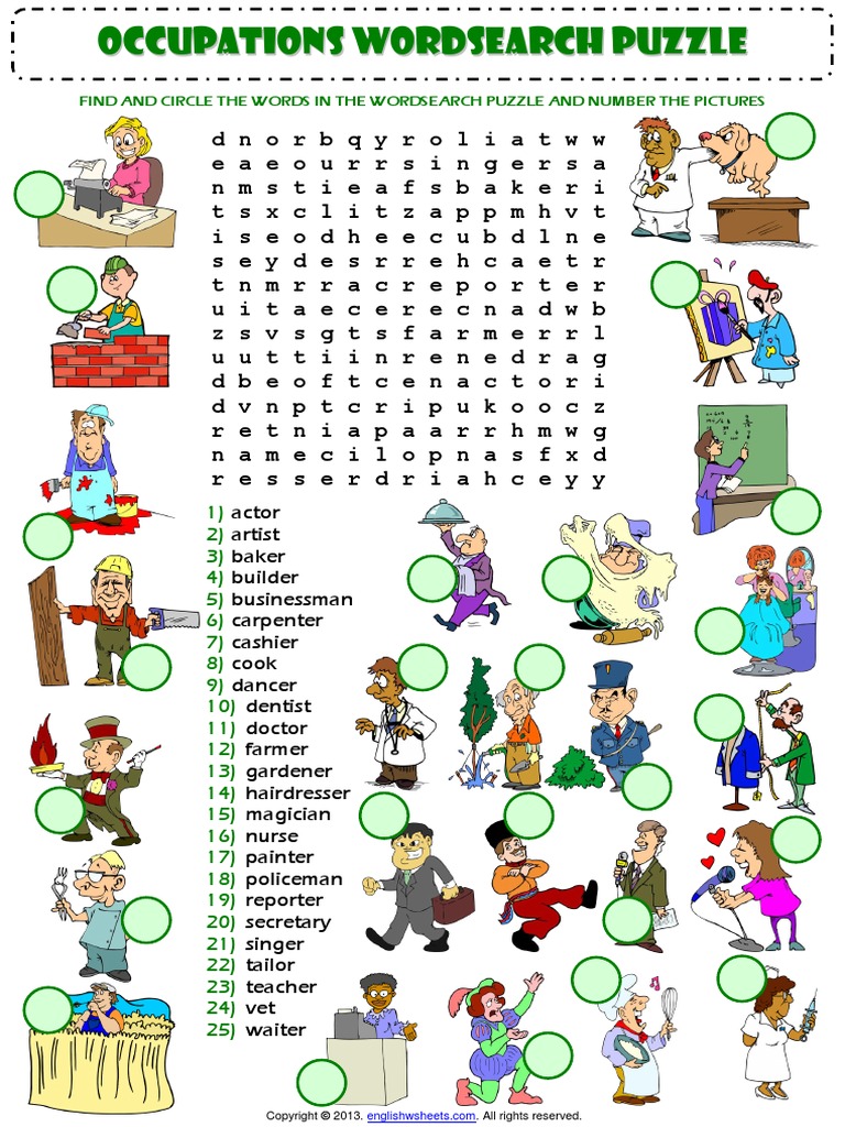 Jobs Occupations Professions Wordsearch Puzzle Vocabulary Worksheet | PDF