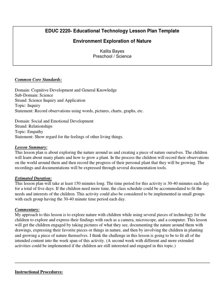 EDUC 2220-Educational Technology Lesson Plan Template Environment Exploration of Nature | PDF ...