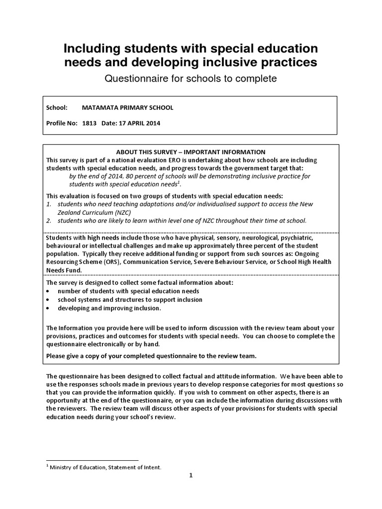 Inclusion School Questionnaire | PDF | Special Education ...