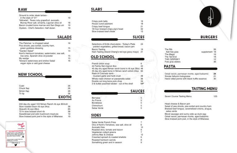 Knife Dinner Menu | PDF | Bacon | Salad