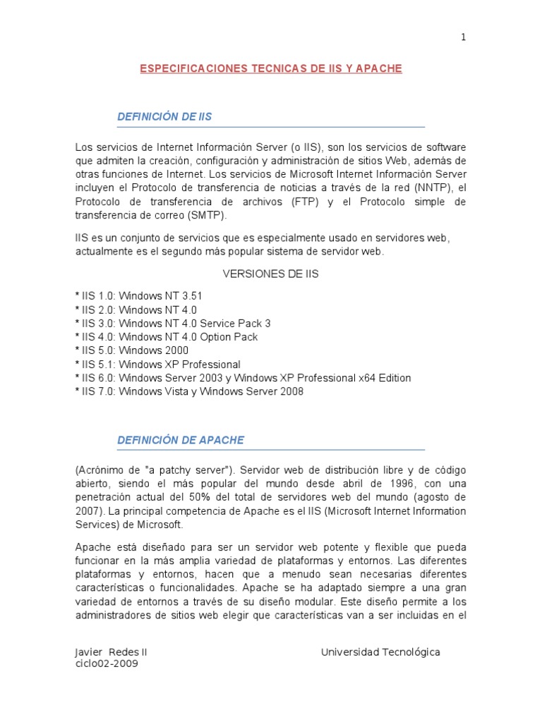 Especificaciones Tecnicas IIS Vs Apache | PDF | Servicios de Información de Internet | Servidor ...