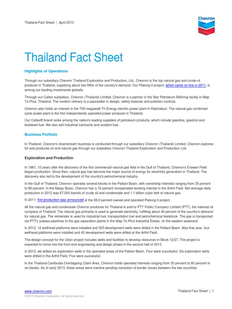 Chevron Thailand Factsheet | PDF | Chevron Corporation | Natural Gas