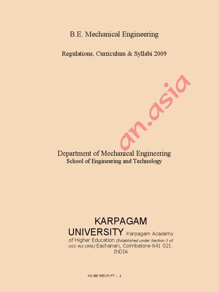 B.E. Mechanical Engineering Regulations, Curriculum and Syllabus 2009 ...