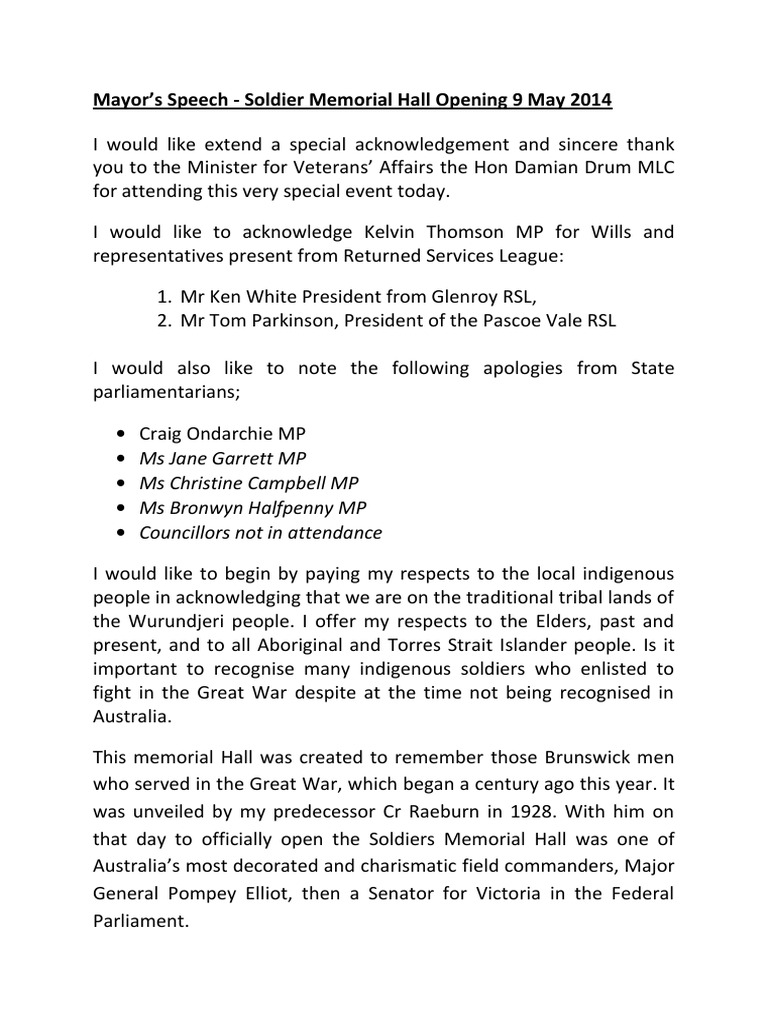 Mayors Speech - Soldier Memorial Hall Opening 9 May 2014 | PDF ...