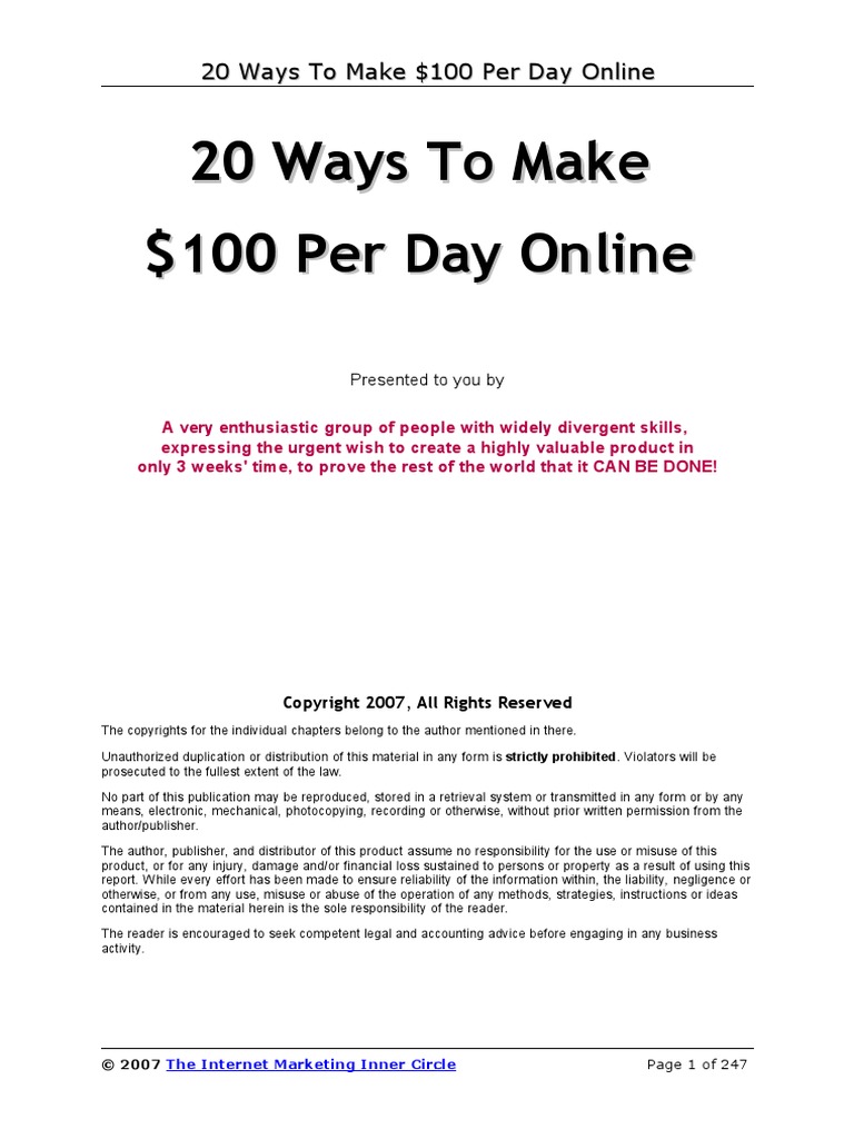 20 Ways To Make $100 Per Day Online | PDF | Copyright | Information Age