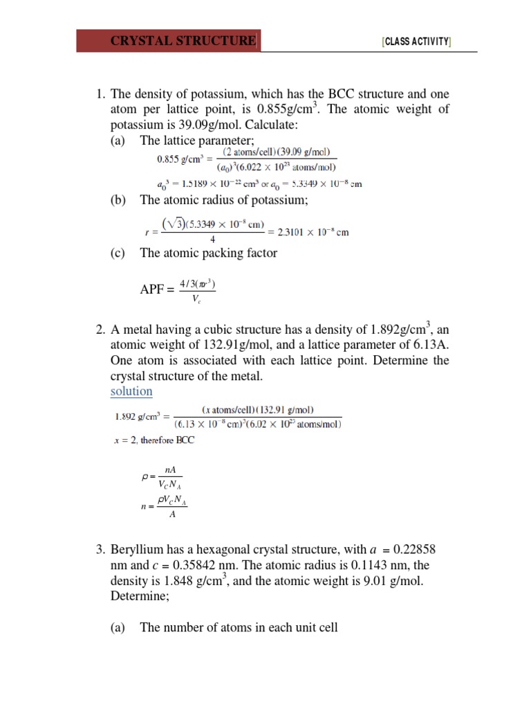 Material Science Assignment Solution Class Activity Crystal Structure 1 | PDF | Crystal ...