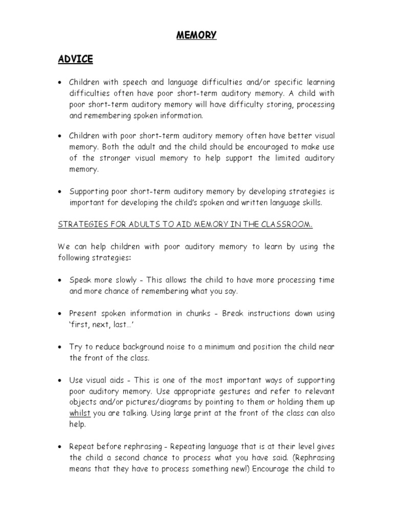 Auditory Memory Advice | PDF | Memory | Recall (Memory)