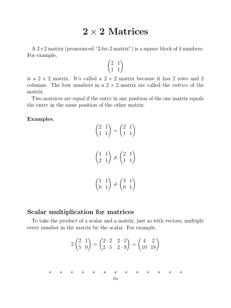 2 × 2 Matrices: Scalar Multiplication For Matrices | PDF | Matrix ...