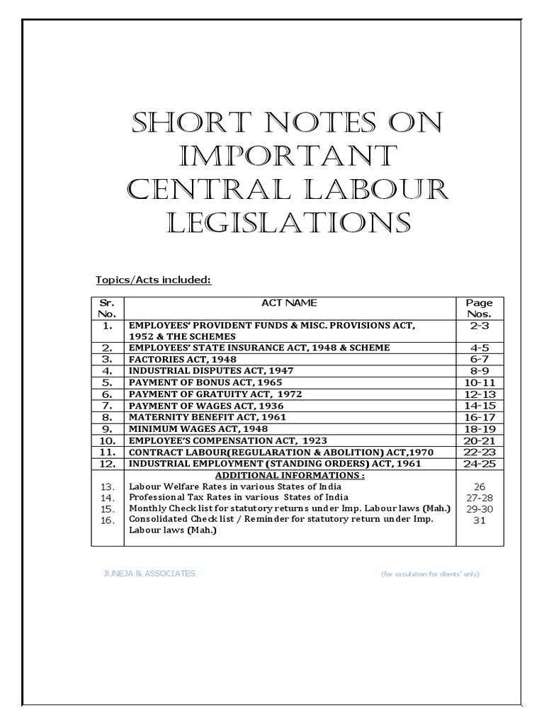 Labour Laws-Short Notes | PDF | Pension | Employment